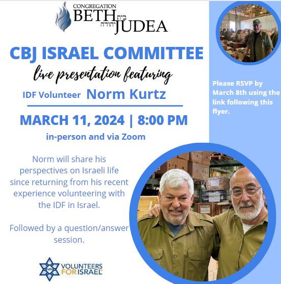 CBJ Israel Committee live presentation featuring IDF Volunteer, Norm Kurtz | Congregation Beth ...
